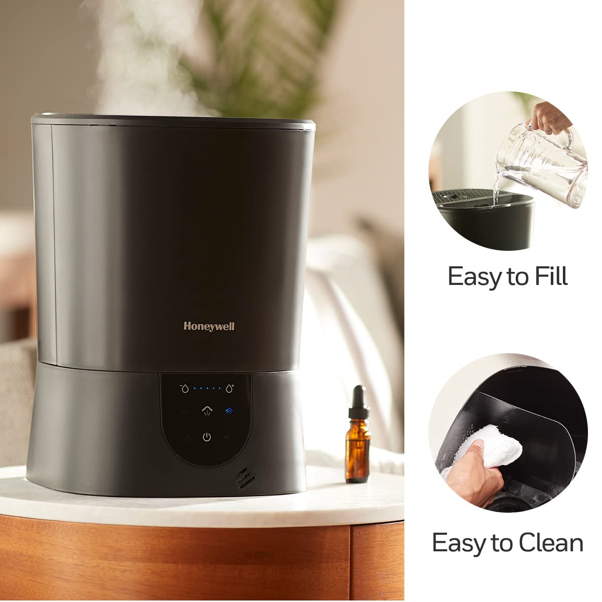 Honeywell Easy-to-Care Filter Free Warm Mist Humidifier, Medium Rooms, 1.5 Gallon Tank β Humidistat for Bedroom, Home or Office Black