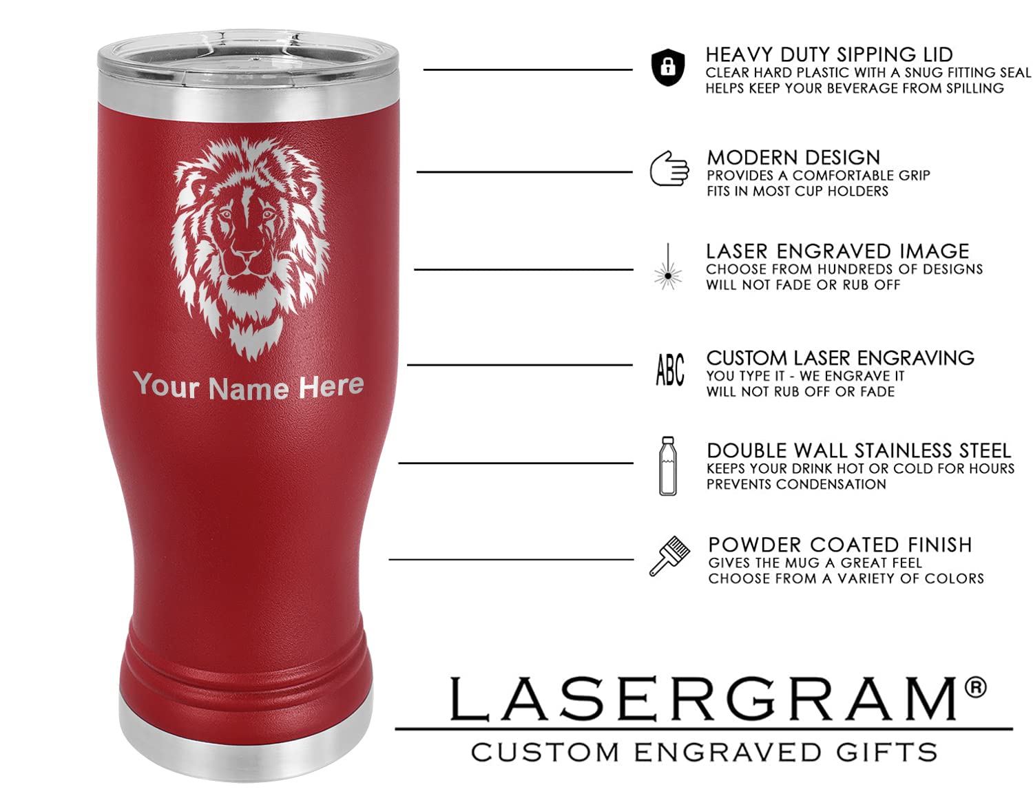 LaserGram 14oz Vacuum Insulated Pilsner Mug, Flag of Palestine, Personalized Engraving Included (Maroon)