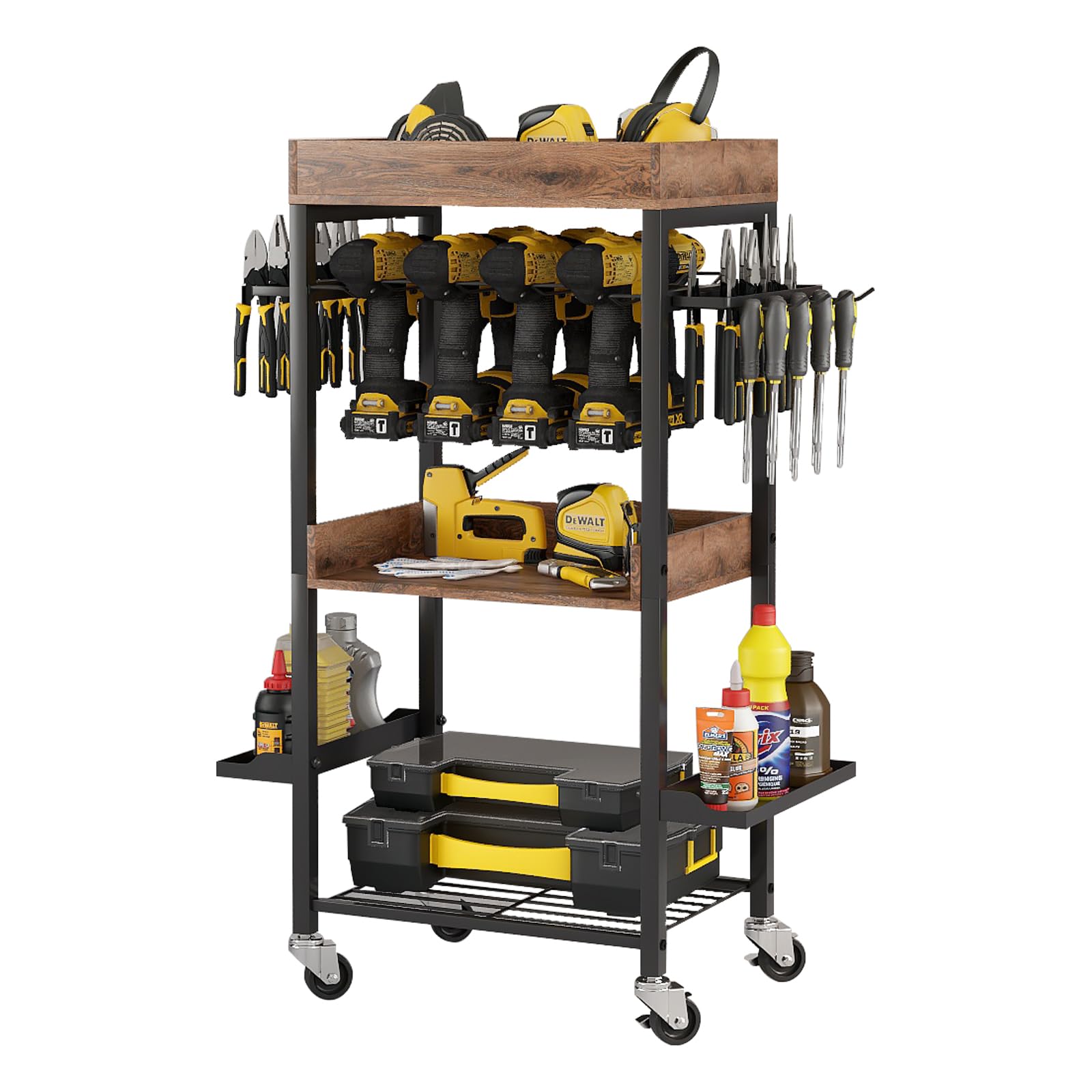 Power Tool Organizer Cart, Metal Rolling Tool Chest with Wheels, 4 Layer Garage Tool Storage Organization Shelving, Movable Drill Rack Tool Holder for Workbench, Workshop and Garage