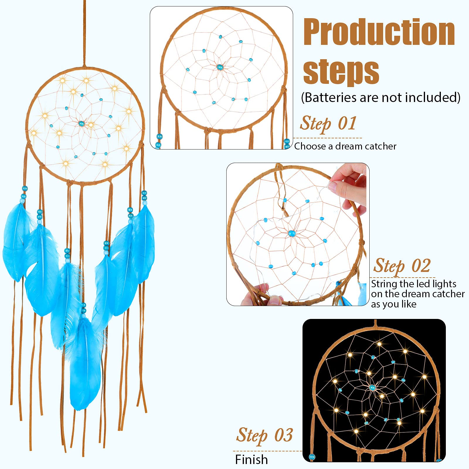 Jetec 3 Pieces Macrame Dream Catcher Moon Sun Star Design Woven Wall Hanging Decor Handmade Traditional Design with 3 LED Light for Wall Hanging Home Decoration (Blue)