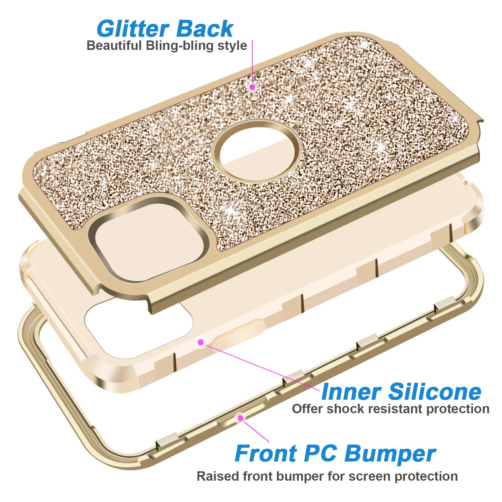 Hython Compatible with iPhone 12 Pro Max Case, Heavy Duty Defender Protective Case Bling Glitter Sparkle Hard Shell Hybrid Shockproof Rubber Bumper Cover for iPhone 12 Pro Max 6.7-inch 2020, Gold