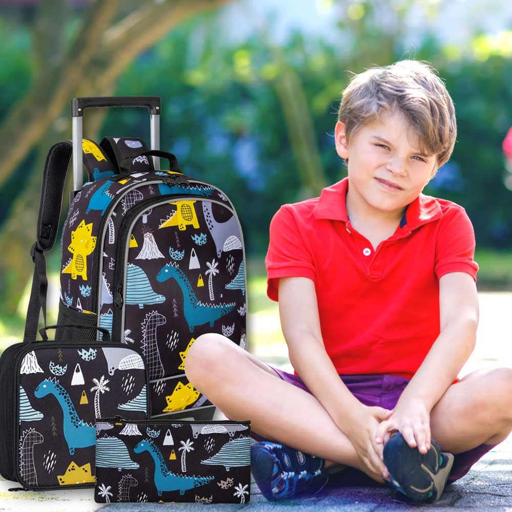 gxtvo Rolling Backpack for Boys, Roller Wheels Kids Bookbag - Wheeled Suitcase Elementary School Bag - 3PCS Dinosaur