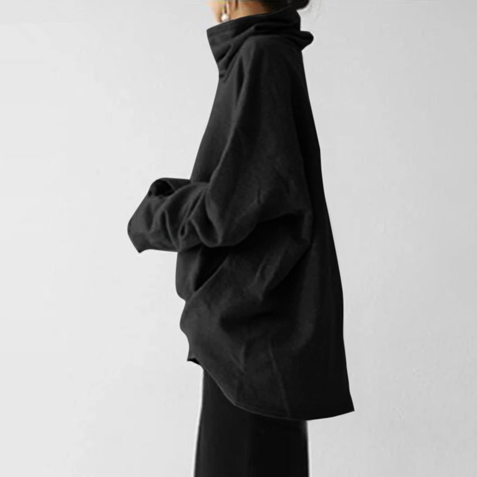 iQKA Women Long Sleeve High Neck Sweatshirt Solid Color Casual Loose Turtleneck Pullover Tops Fall Blouse S-3XL(Black，XXL)