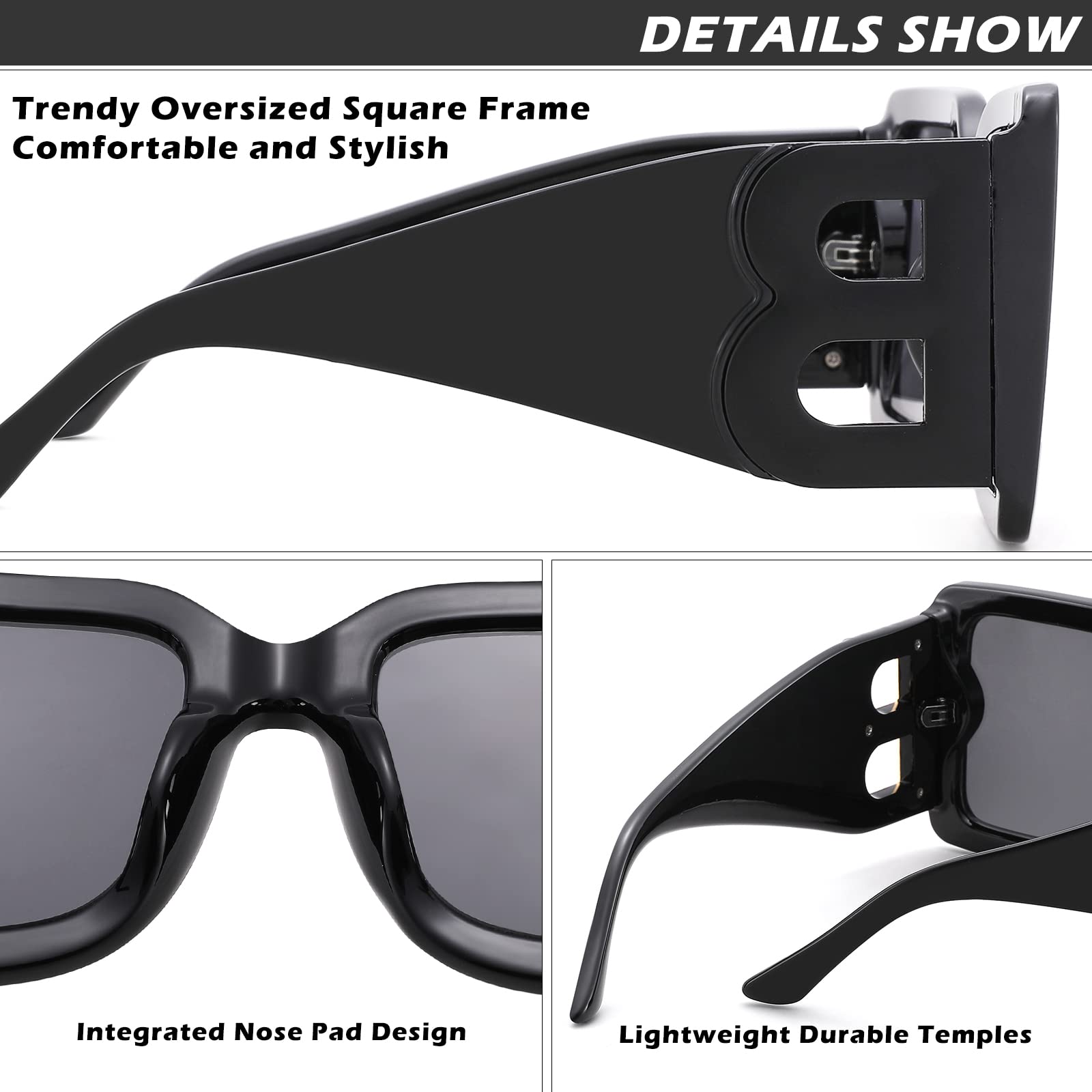 Melpomenia Trendy Oversized Square Sunglasses for Women Men Fashion Black Thick Big Frame Luxury Designer Sun Glasses (Black/Grey/Black Character)
