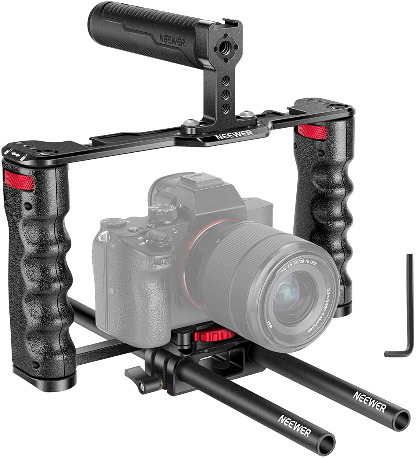 NEEWER Aluminum Alloy Camera Cage, Filmmaking Rig with Top Handle, Dual Grips, Standard Arca Type Base, Compatible with Sony A7S III A7IV A6600 Canon EOS R5C R5 R6 DSLR/Mirrorless Cameras - VS107