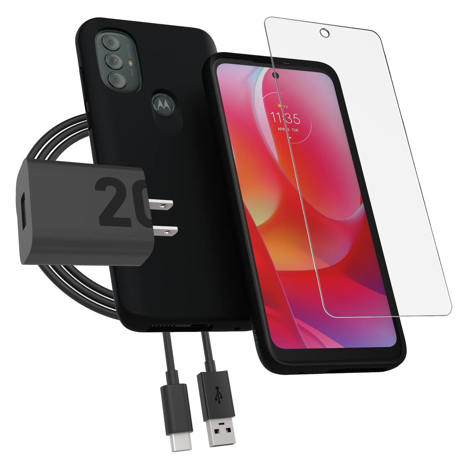 Motorola Moto G Power (2022) Protective Case (Black) + 9H Glass Screen Protector + TurboPower 20W Charger and 3.3ft USB-C Cable