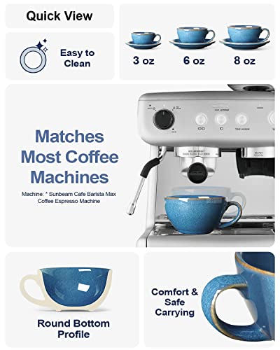 LE TAUCI 6 oz Cappuccino Cups with Saucers,Ceramic Coffee Cup for Au Lait, Double shot, Latte, Cafe Mocha, Tea - Set of 4, Ceylon Blue