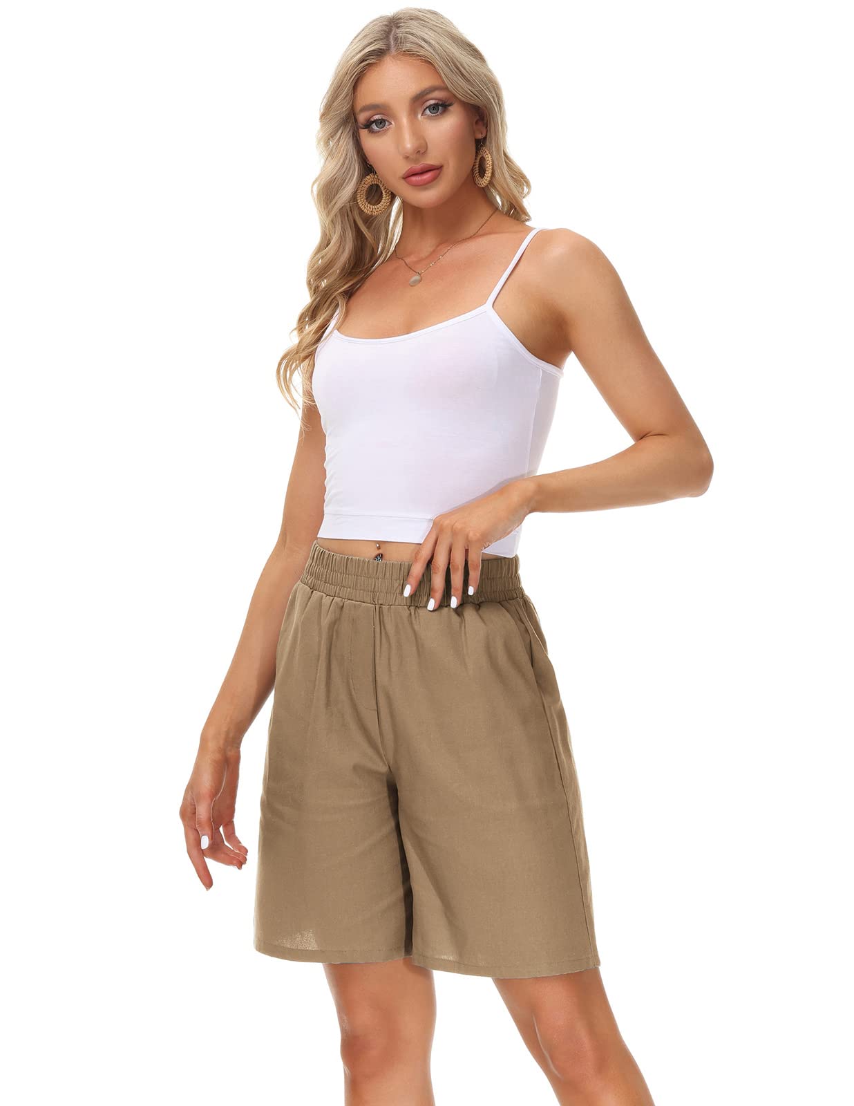 KANCY KOLE Women's Cotton Jersey Shorts with Pockets Loose Fit High Waist Short Pant Knee Length(Khaki,M)