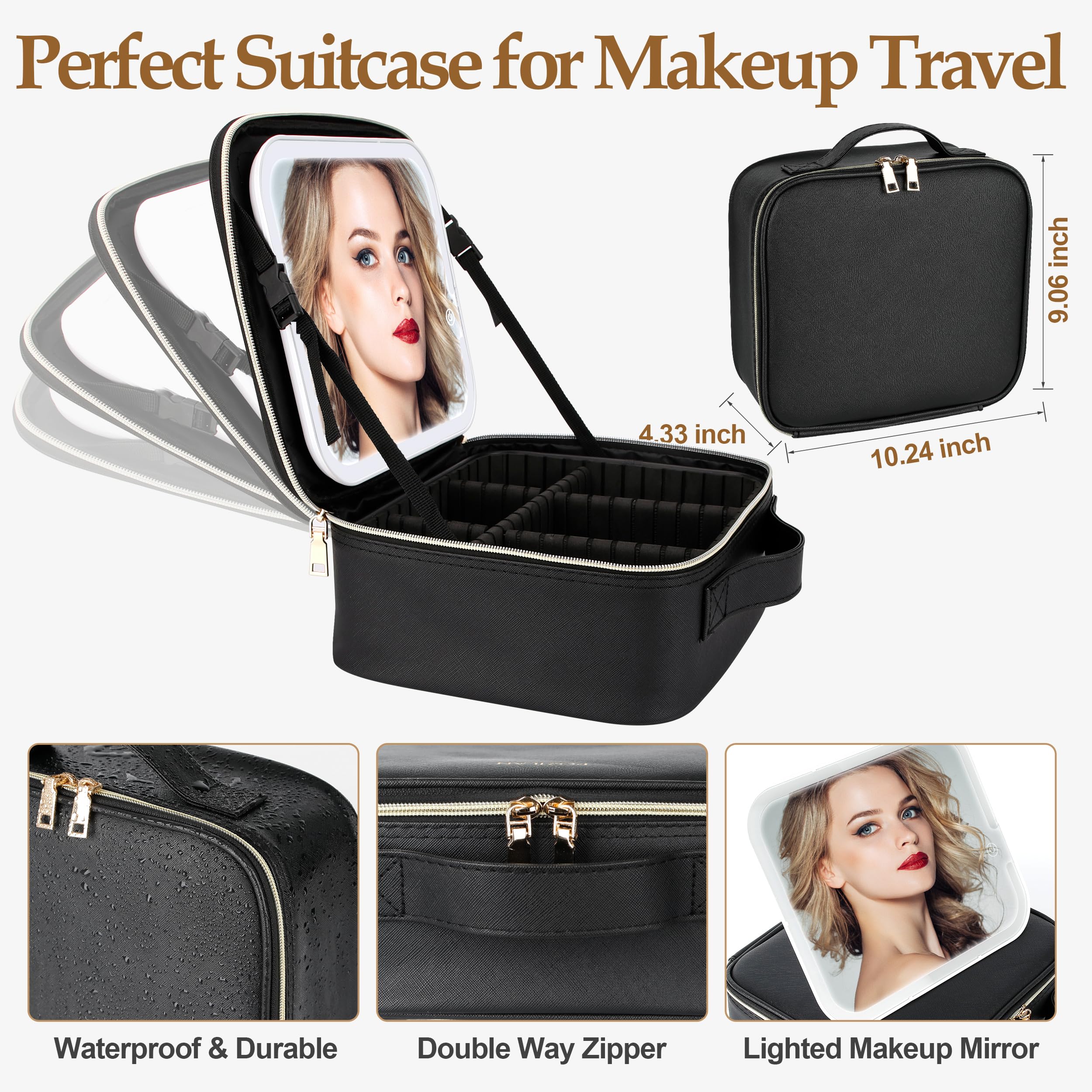 POZILAN Makeup Bag with Light Up Mirror - Make Up Bag with Mirror and Light and Adjustable Dividers, Waterproof Makeup Bag with Lighted Mirror, Portable Makeup Brush Organizer Gift for Women