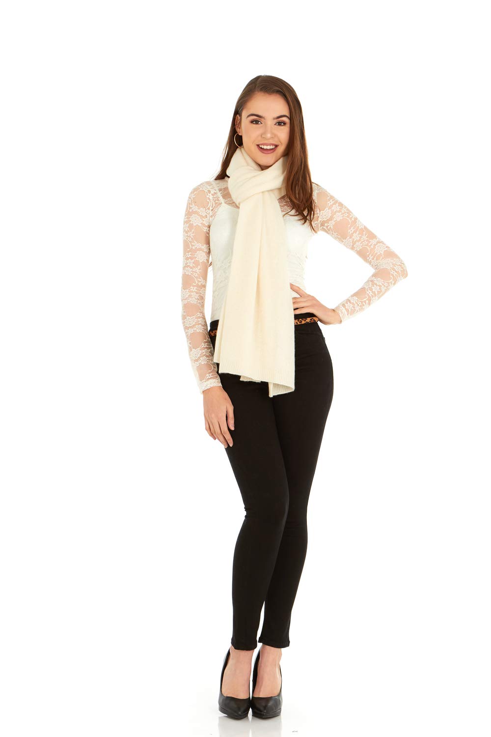 Manio Cashmere 100% Cashmere Knitted Wrap Pashmina Shawl Extra Large Scarf Stole for Women Travel (White)