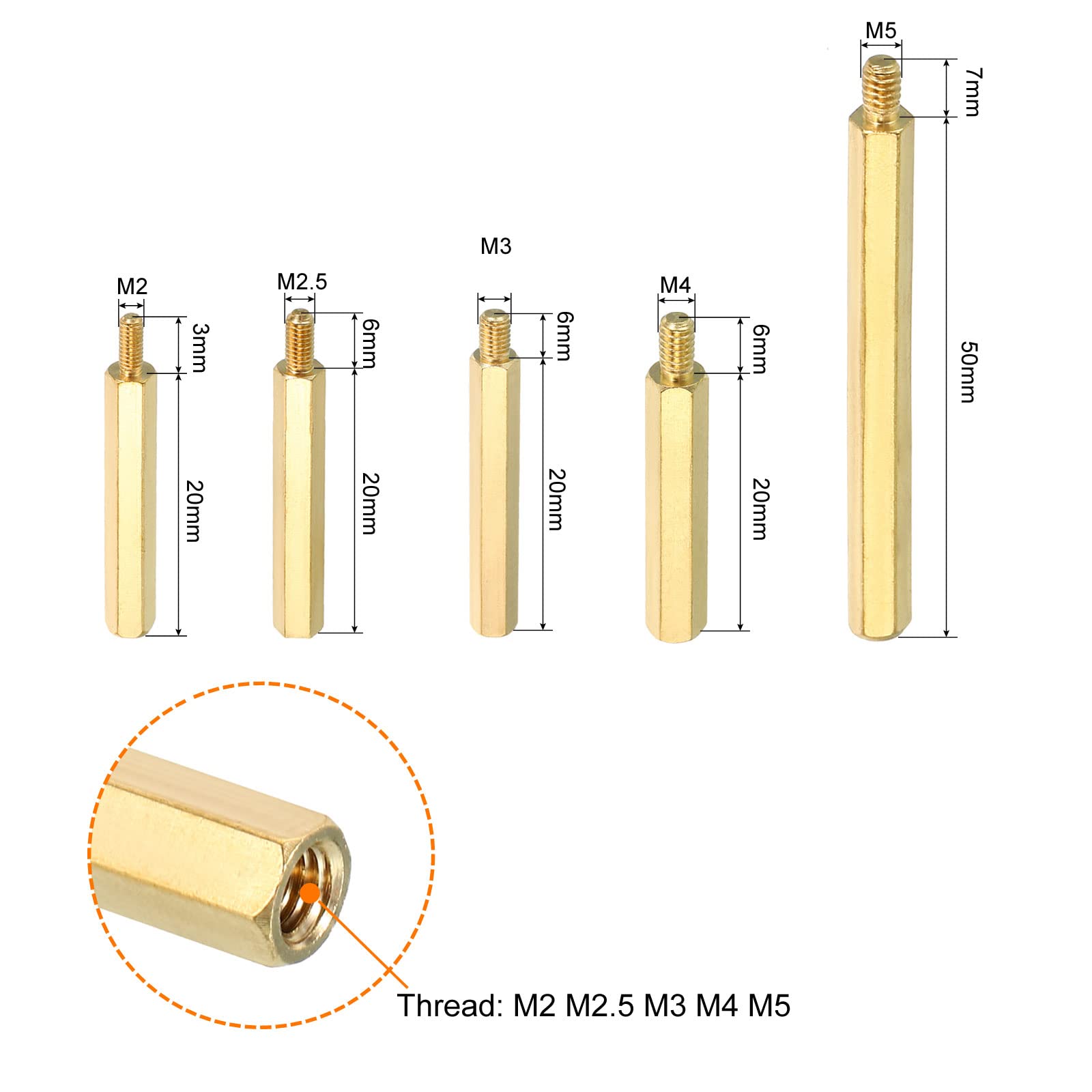 PATIKIL M2 M2.5 M3 M4 M5 Standoff Screws 50 Pack Brass Hex Motherboard Spacers for Motherboards, Computer Cases, Circuit Boards, Electronics, Gold Tone