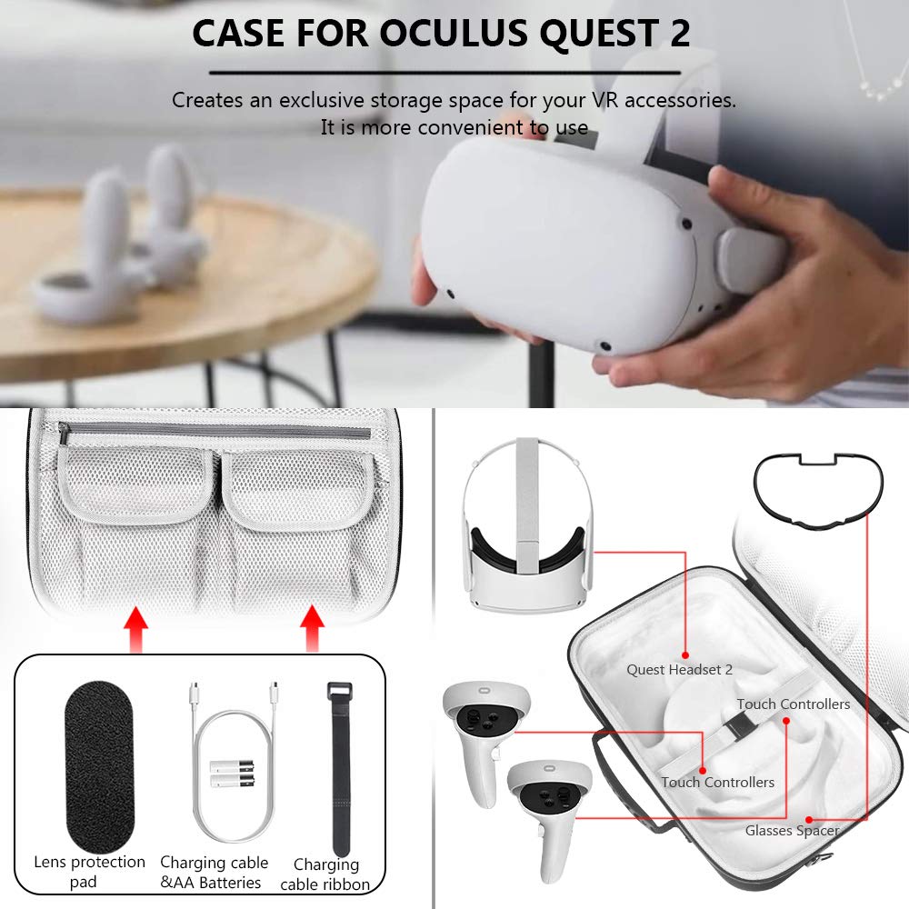 HIJIAO NEW Kit for Oculus Quest 2, Including Hard Travel Case& Controller Grip Cover & Knuckle Strap&Head Strap Pad&Silicone Face Cover&Lens Protect Cover &Shoulder Strap for Oculus Quest 2(6 in 1)