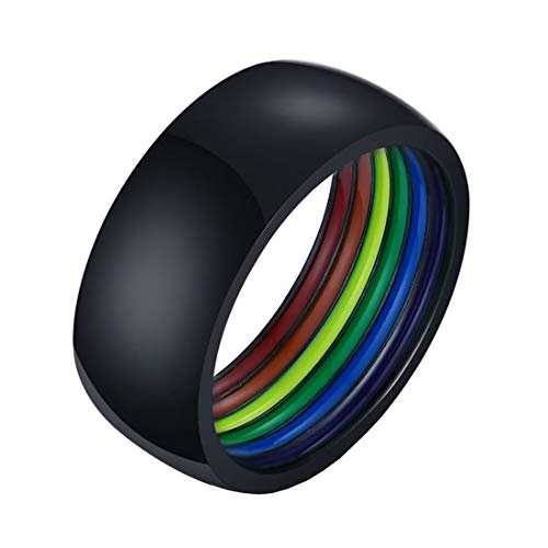 HIJONES Men's Women's Black Stainless Steel Simple 8MM Rainbow Enamel Gay Pride Love Domed Rings Size 10