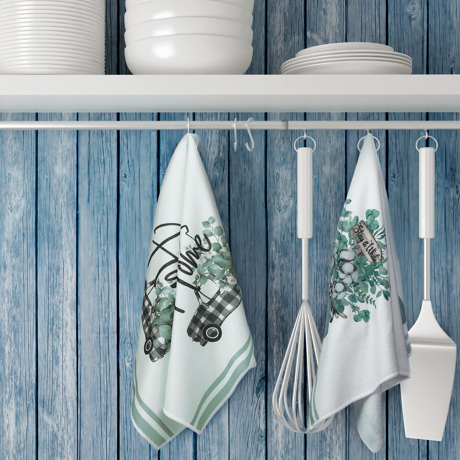 Kajaia 6 Pcs Spring Kitchen Towels Eucalyptus Leaves Hand Towels 15.7 x 23.6 Inch Summer Green Dish Towel Farmhouse Absorbent Decorative Tea Towels Dishcloths for Home Bathroom Decor Housewarming Gift