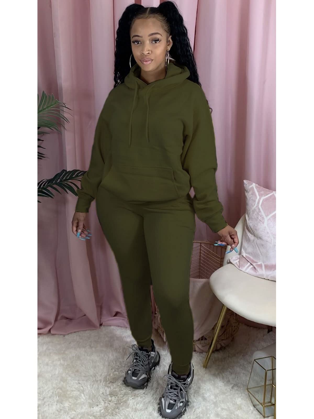 KANSOON Tracksuit for Women Set Two Piece Outfits Long Sleeves Top Hoodie Top Bodycon Jogger Pants Sweatsuits Green M