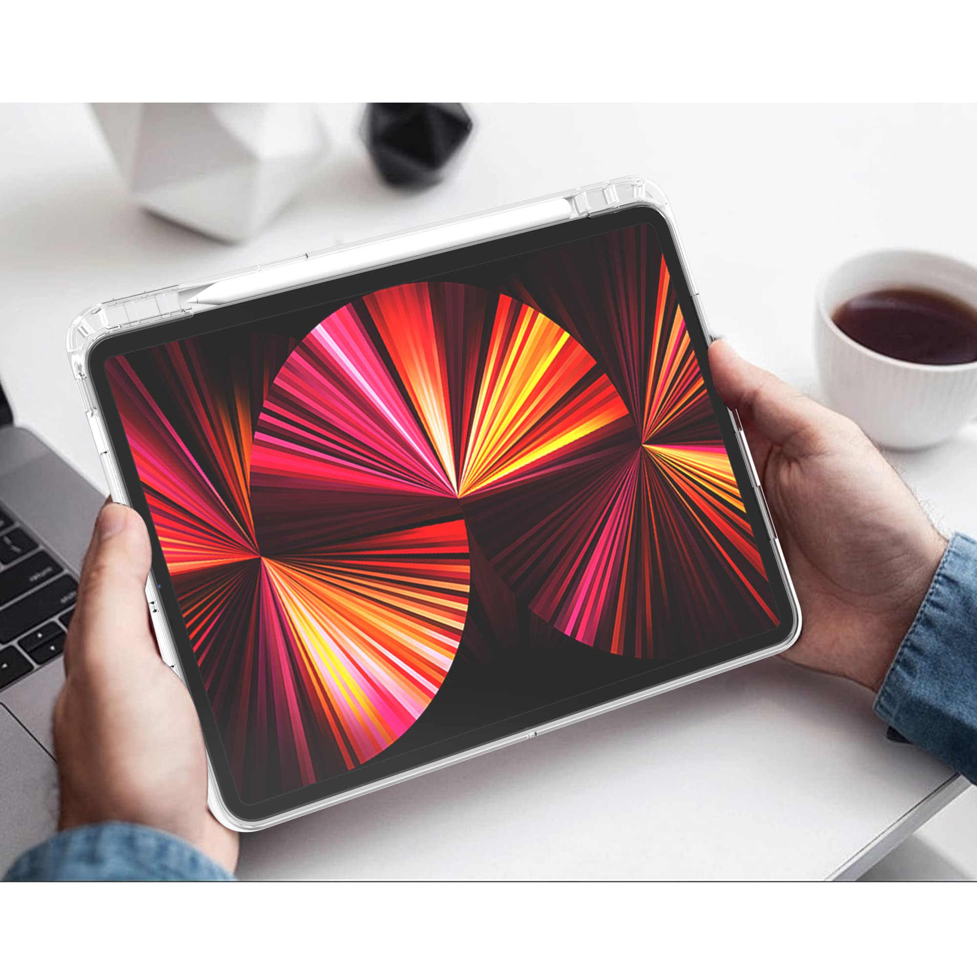 Meruns Compatible with iPad Pro 12.9 Generation (2022)/iPad Pro 12.9 Generation (2021) Case, Supports Pencil, Unique frosted transparent rear shell, Clear.