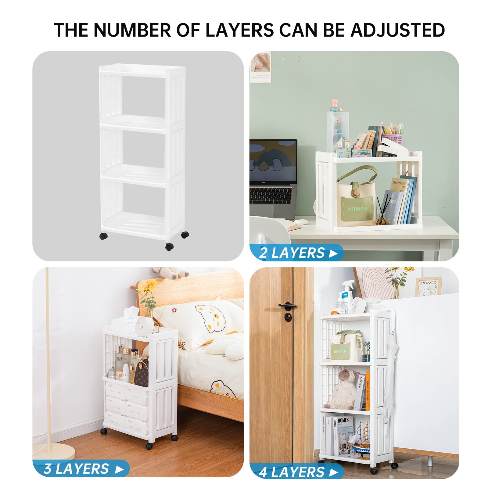 HAIXIN 4-Tier Plastic Utility Rolling Cart with Wheels, Mobile Storage Shelves Organizer, Snack Cart Organizer, Multi-Functional Storage Trolley for Kitchen, Bathroom, Living Room, Office, Dorm, White