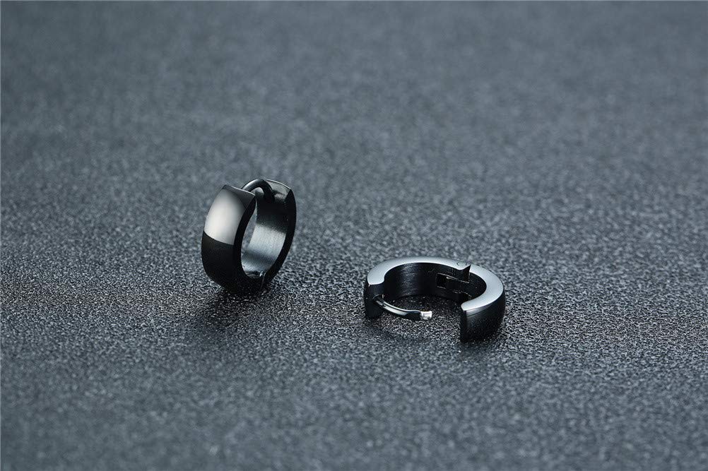 HIJONES Men's Women's Stainless Steel Small Hoop Huggie Hinged Earrings Ear Stud Piercings Black