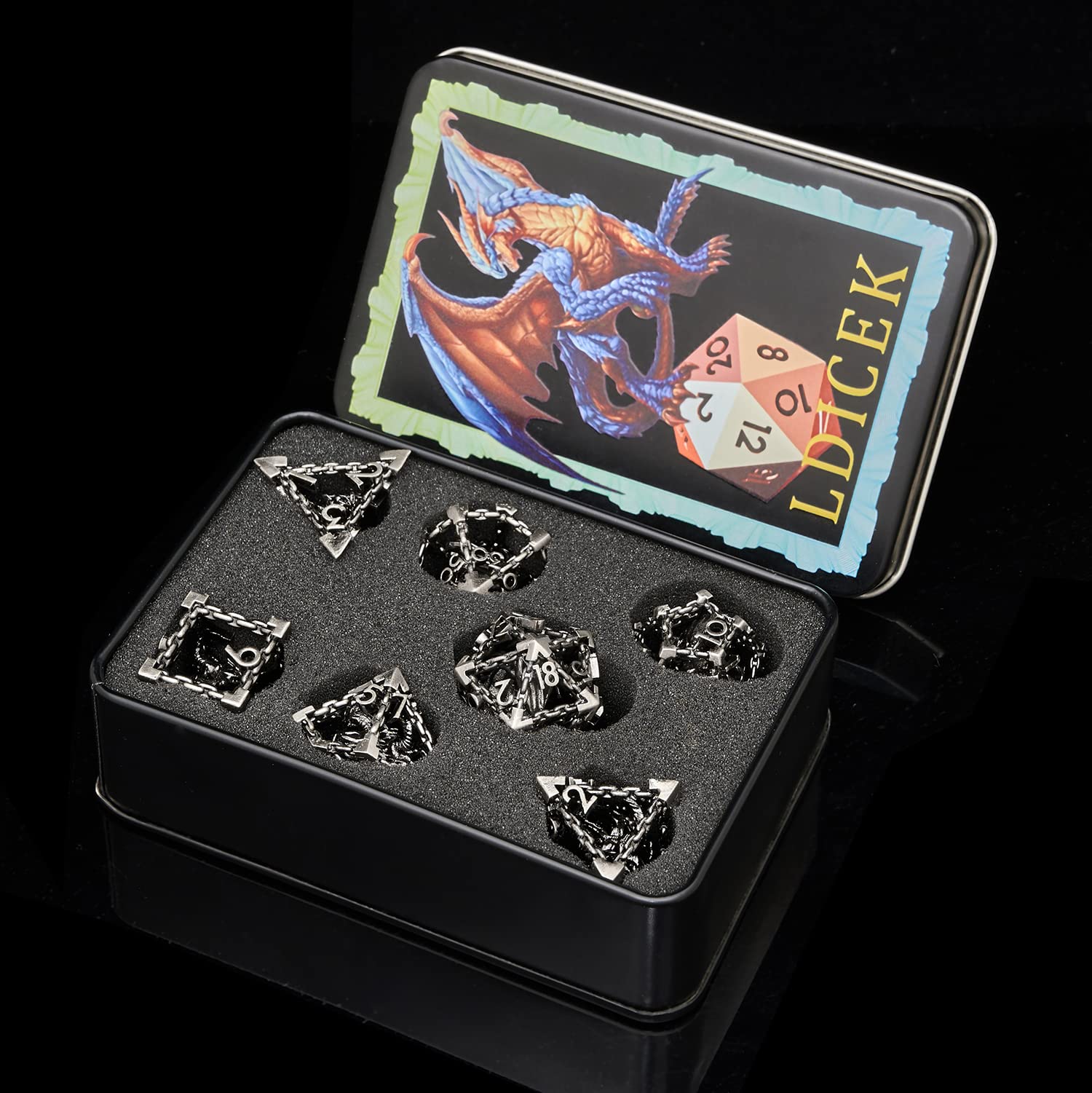 Metal DND Dice Set with Box 7pcs Hollow D&D Dice,Copper Polyhedral Dungeons and Dragons Dice Set Steampunk Polyhedral Dice Games Set for RPG,MTG,Pathfinder,D and D Dice Set (Dragon Black Gold)