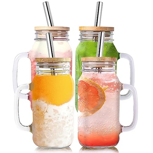 JIAGUOOL 4pcs Drinking Glasses Mason Jar with Handle Mason Jar Cups 24oz Mason Jar Mugs Iced Coffee Tumbler Smoothie Cup for Boba Juice Milk Tea