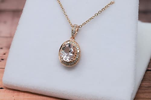 KOKAV 925 Sterling Silver Rose Gold Plated Genuine Morganite Oval Diamond Pendant Necklace