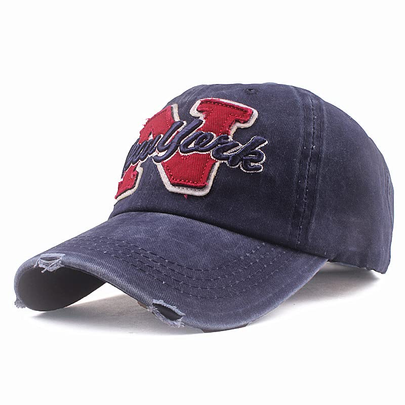 KAOWUIEF Washed Denim New York Baseball Cap Vintage Dad Cotton Sun Hat Trucker Adjustable Unisex Hats for Men Women (Navy), 7-7 1/4