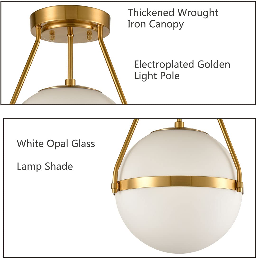HOLKIRT Mid Century Modern Globe Semi Flush Mount Ceiling Light Fixture,White Opal with Brass Finish,Living/Dinning Room