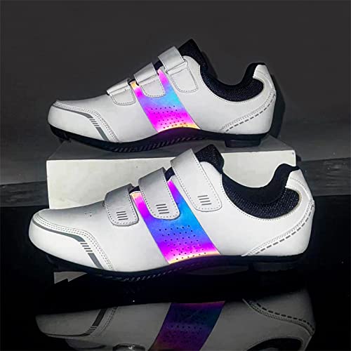Men's Cycling Shoes Indoor Road Bike Shoes Reflective Hook-Ring Compatible Peloton with Delta Cleats,White,8.5