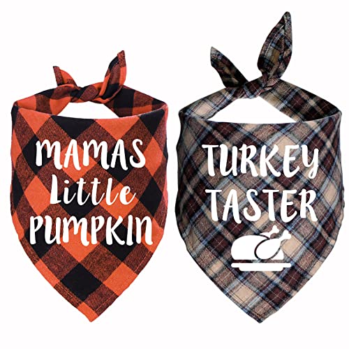 STMK Thanksgiving Day Dog Bandanas, 2 Pack Holiday Fall Plaid Dog Bandanas Scarf for Holiday Fall Halloween Thanksgiving Day Dog Puppy Costume (Mamas Little Pumpkin & Turkey Taster)