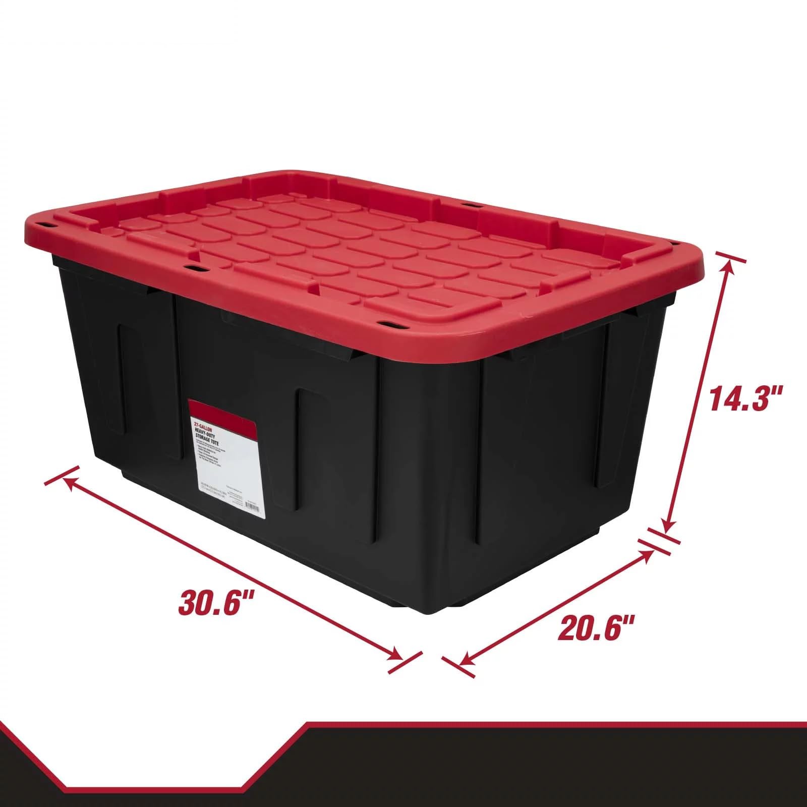 K&J CHIPMUNK 27 Gallon Stackable Snap Lid Plastic Storage Bin Container, Black with Red Lid, Set of 4