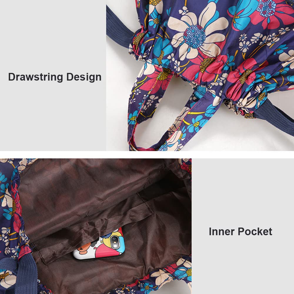 KITENROM Collapsible Reusable Grocery Bag Drawstring Backpack Large Travel Tote Bags String Sackpack for Gym Shopping Yoga Blue Leaf