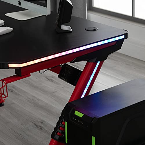 HOMCOM 43in Gaming Desk with RGB LED Lights Racing Style Gaming Table with Cup Holder & Cable Management, Red