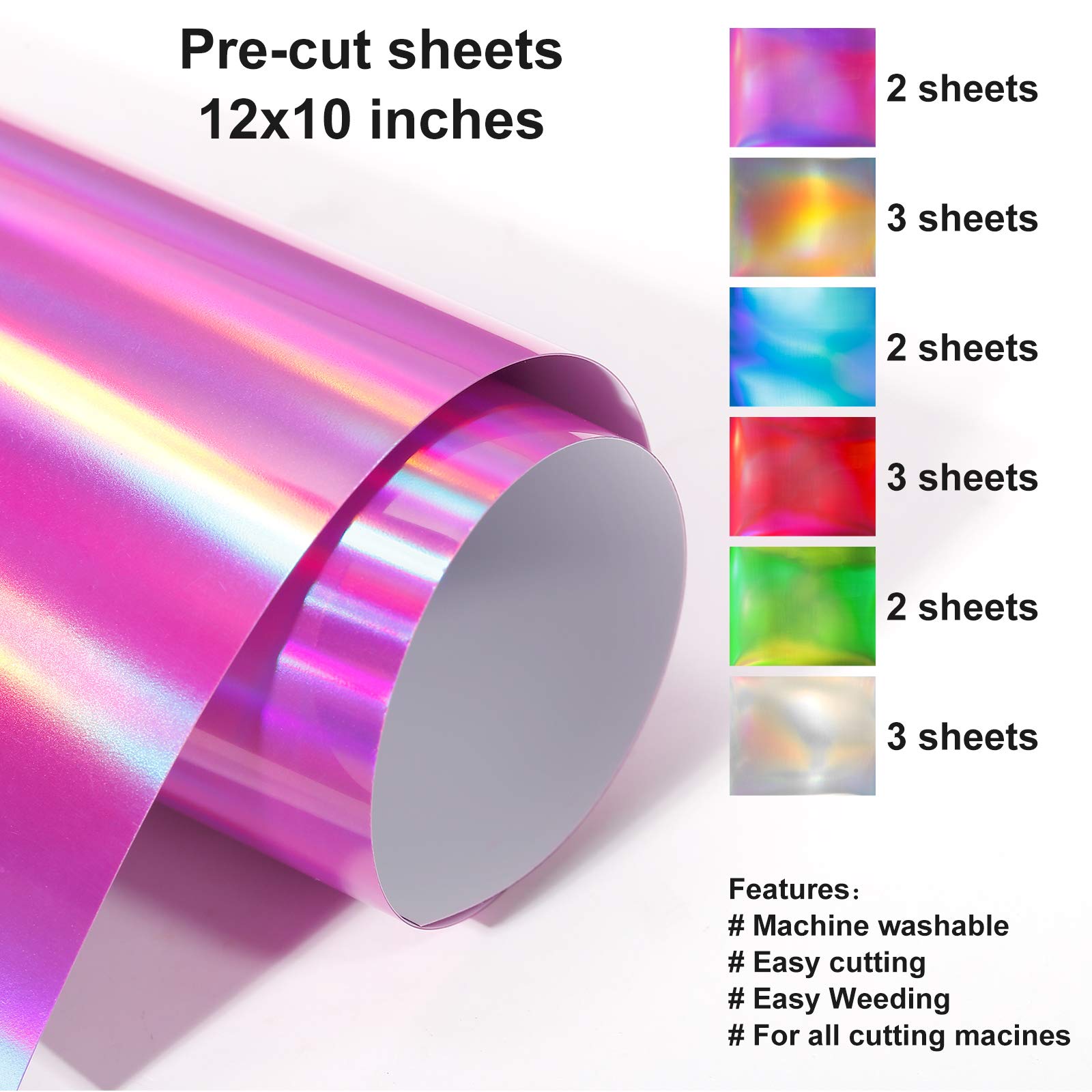 Holographic Heat Transfer Vinyl, HIRALIY 15 Sheets 12" x 10" Sparkly Rainbow Laser Iron on Vinyl 19 Pack HTV Bundle Including Teflon Sheets Weeding Tweezers Scraper for Cricut