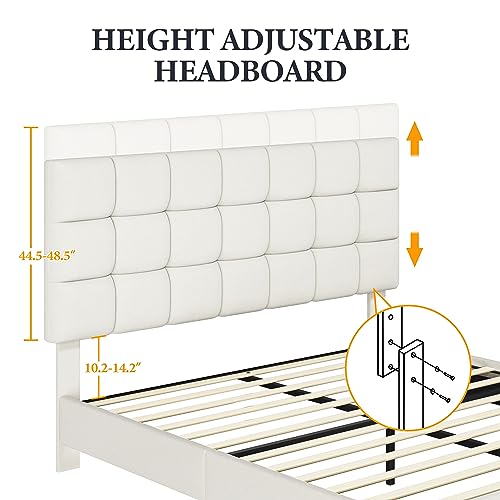 Yaheetech Queen Upholstered Bed Frame, Platform Bed Frame with Square Tufted Fabric Headboard Height Adjustable, Wooden Slats Support, No Box Spring Needed, Beige