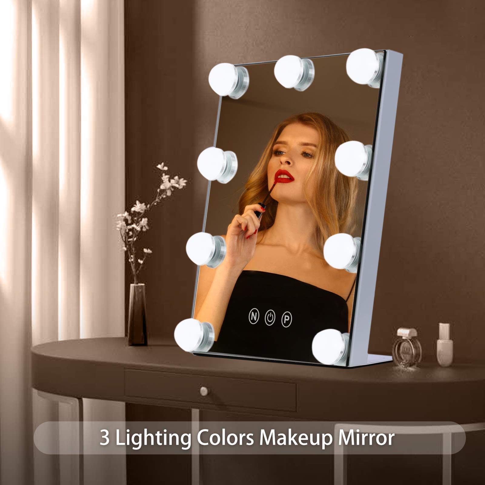 Hollywood Mirror with Light Lighted Vanity Makeup Mirror Cosmetic Mirror Touch Control 9 LED Bulbs 3 Colors Dimmable Light 10X Magnification(White)