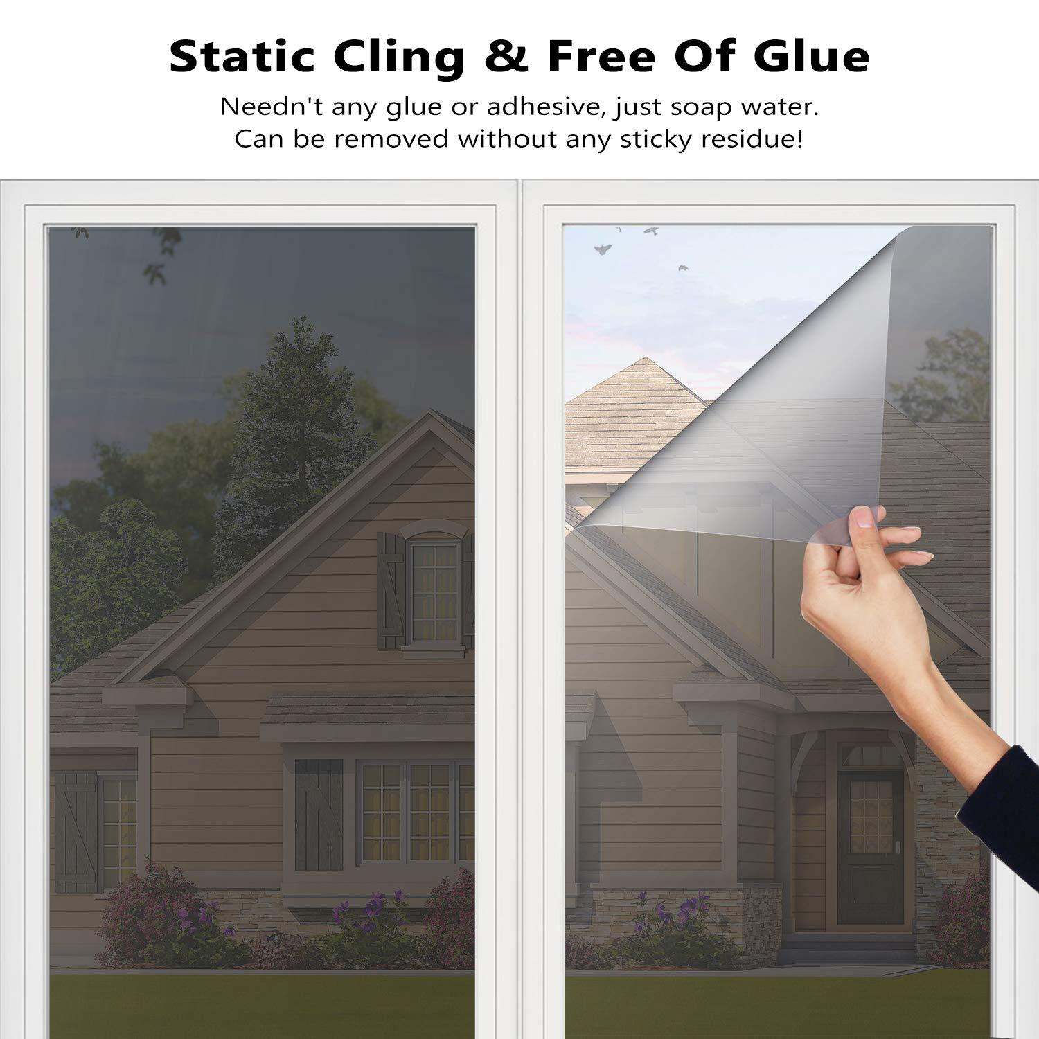 HooTown Window Tint for One Way Daytime Privacy Window Film Heat Control Sun Blocking Anti UV Non-Adhesive Static Cling Reflective Mirror Glass Film for Home Office, Black Silver, 23.6 in x 32.8 ft