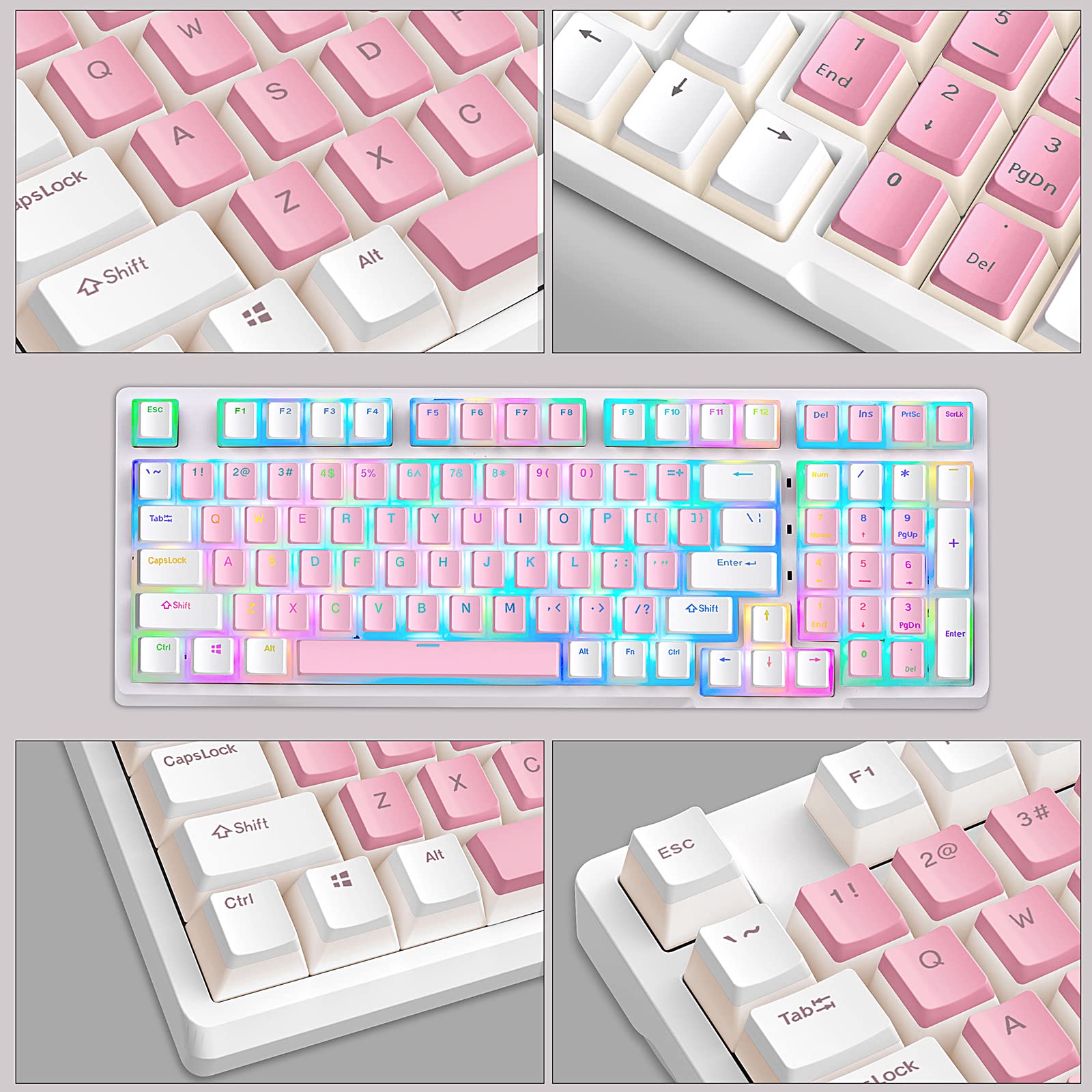 KOLMAX 98Key RGB Hot-swappable Mechanical Gaming Keyboard, 2.4G Wireless/BT5.0/Wired with PBT Double-Shot Pudding Keycaps Pink-White Gaming Keyboard for Mac & Win Programmable Macro (Pink Switches)