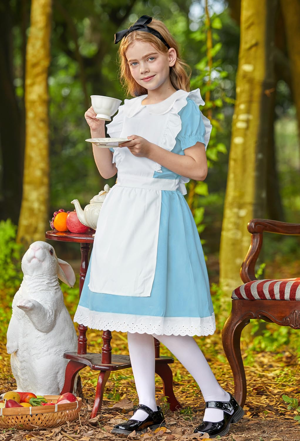 Halloween Child Girls Alice Outfit Puff Sleeve Casual Ruffle Trim Midi Dresses with Headband Blue 10 Years