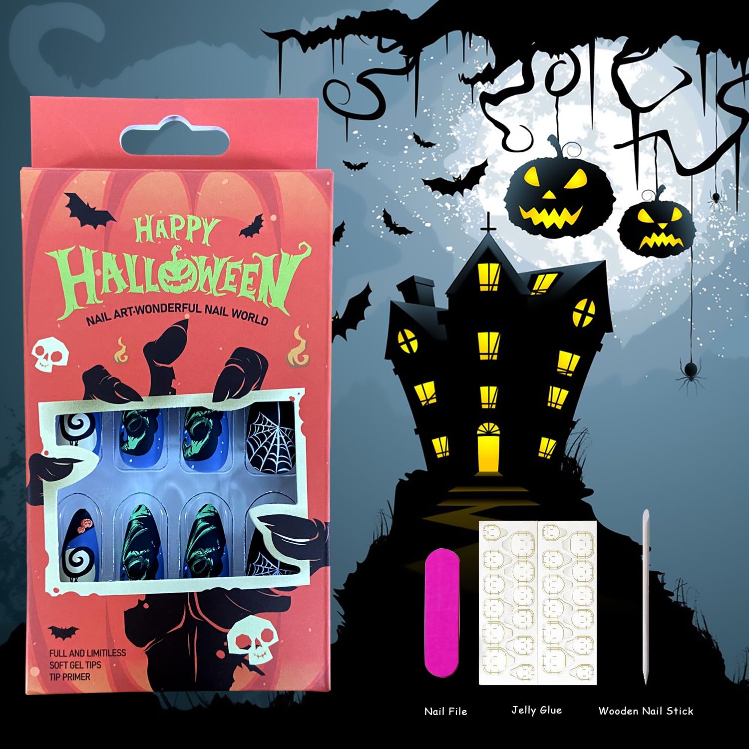 Halloween Press on nails Almond Medium Matte Fake Nails Nightmare Before Christmas Nails Full Cover False Nails with Spider Pumpkin Spider Web Designs Acrylic Glue on Nails for Women 24Pcs