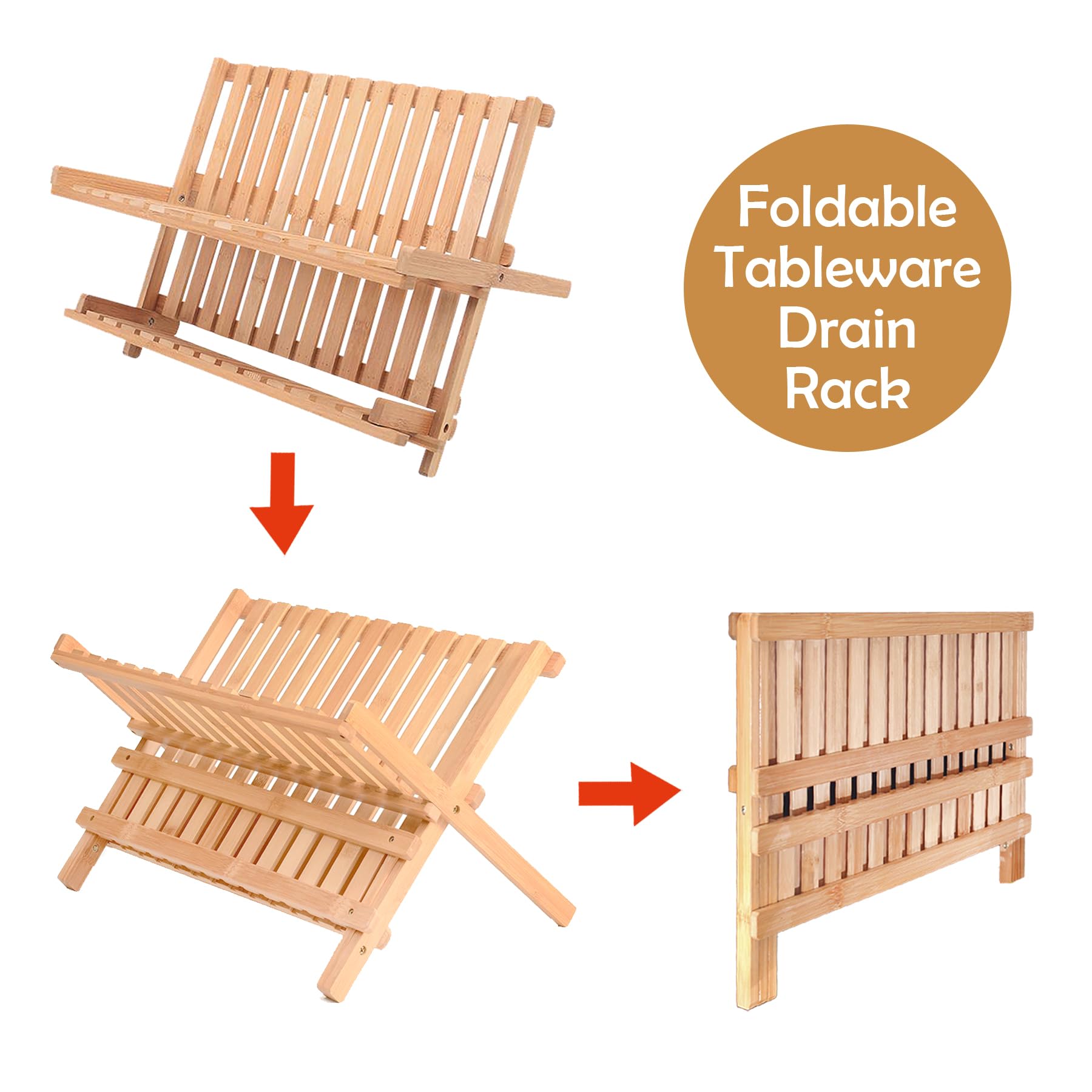 KAEASOUS Bamboo Dish Drying Rack - Large 2 Tier Wooden Dish Drying Rack for Kitchen, Wooden Plate Rack with Foldable Design, Drying Rack for Dishes, Utensils and Cups, Folding Dish Rack for Kitchen