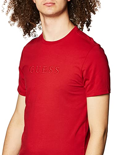 GUESS Men's Essentials Short Sleeve Pima Embroided Logo Crew, Chili Red, Large