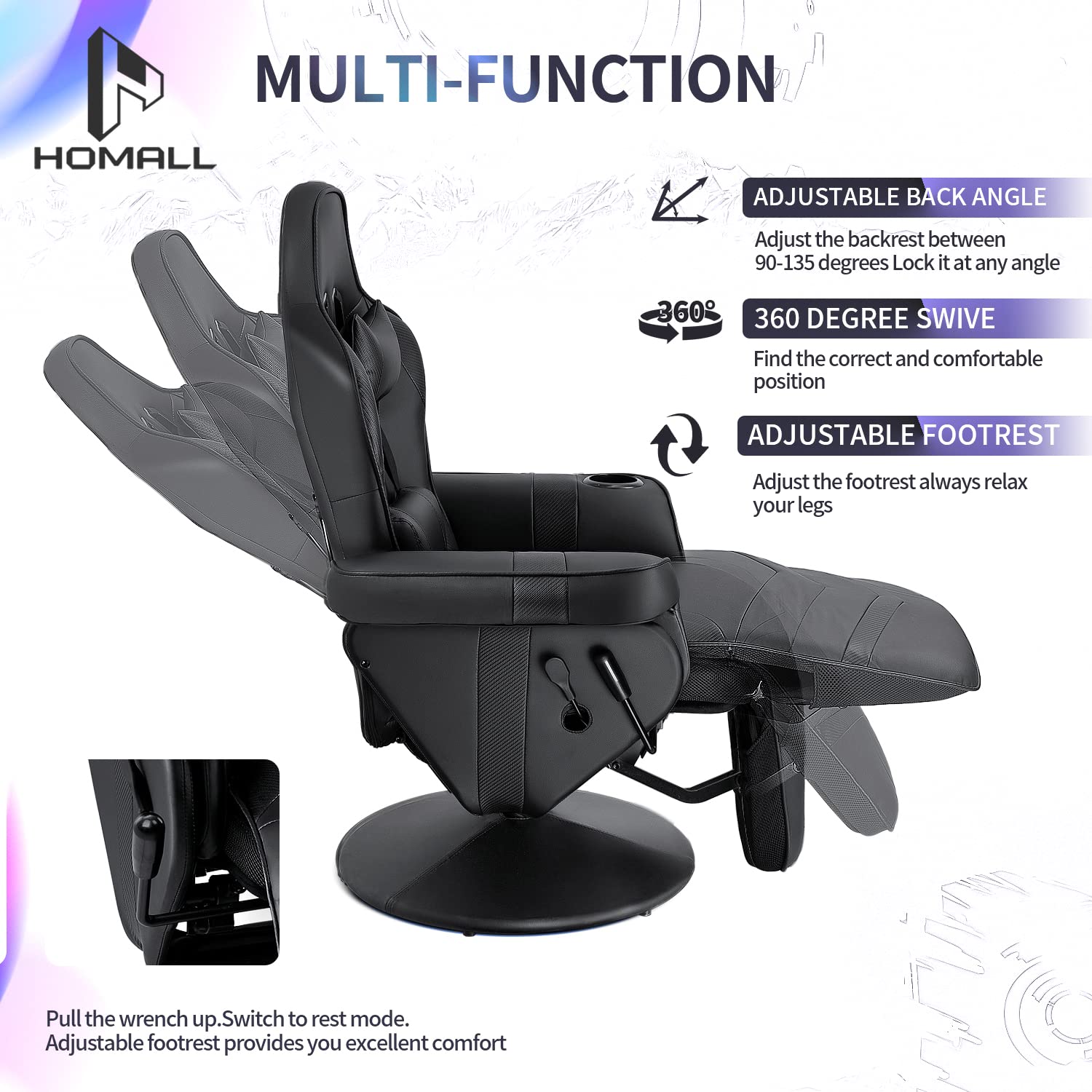 Homall Computer Racing Style Pu Leather Ergonomic Adjusted Reclining Video Gaming Single Sofa Chair with Footrest Headrest and Lumbar Support (Black)