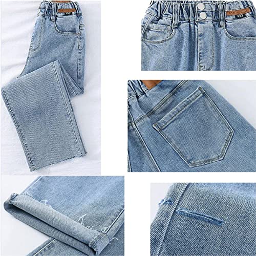 YaYabroe Kids Girls Ripped Jeans Washed Elastic Waist Wide Leg Baggy Pants Size 5-14 Years (Light Blue, 12-13 Years)