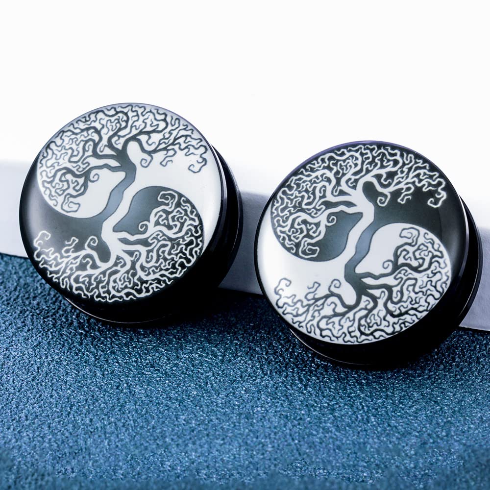 LADEMAYH 2 PCS Tree Pattern Ear Plugs Tunnels Gauges for Women - Black Stainless Steel 316L Body Piercing Basic Earrings for Stretched Earlobe 12mm=1/2"