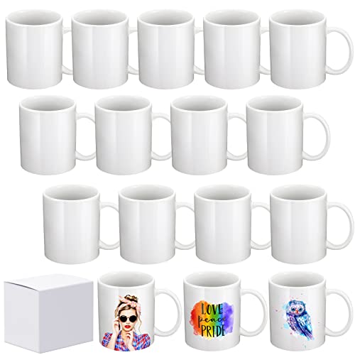 Yahenda 16 Pack Sublimation Mugs 11 oz Blank Coffee Mugs White DIY Coated Ceramic Cup Blank Mugs Bulk Drinking Cups White Ceramic Sublimation Mugs with Large Handle White Gift Box for Coffee Tea Milk