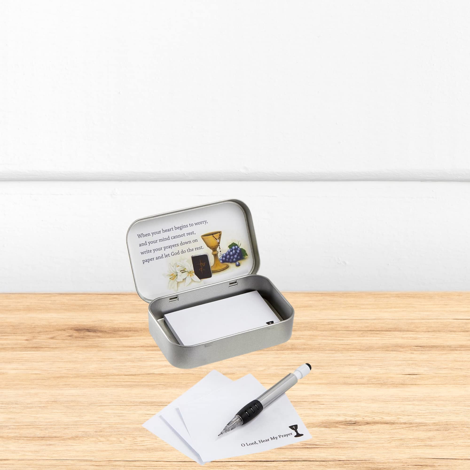 Needzo First Communion Keepsake Box with Prayer Cards, Note Paper, Pencil and Collectible Tin Holder, Inspirational Religious Gift Set for Boys and Girls, 4 inches white