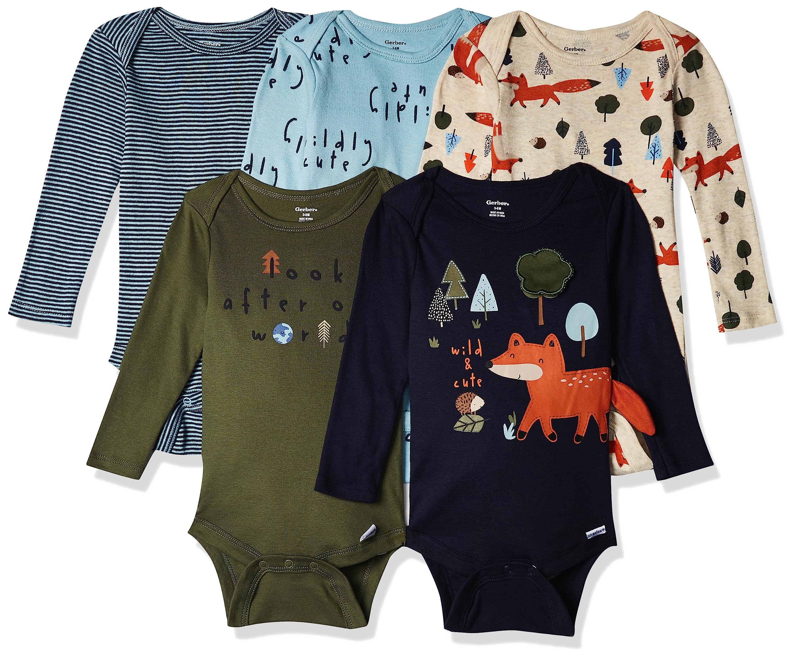 Gerber Baby Boy's 5-Pack Long-Sleeve Onesies Bodysuit, Blue Fox, Newborn