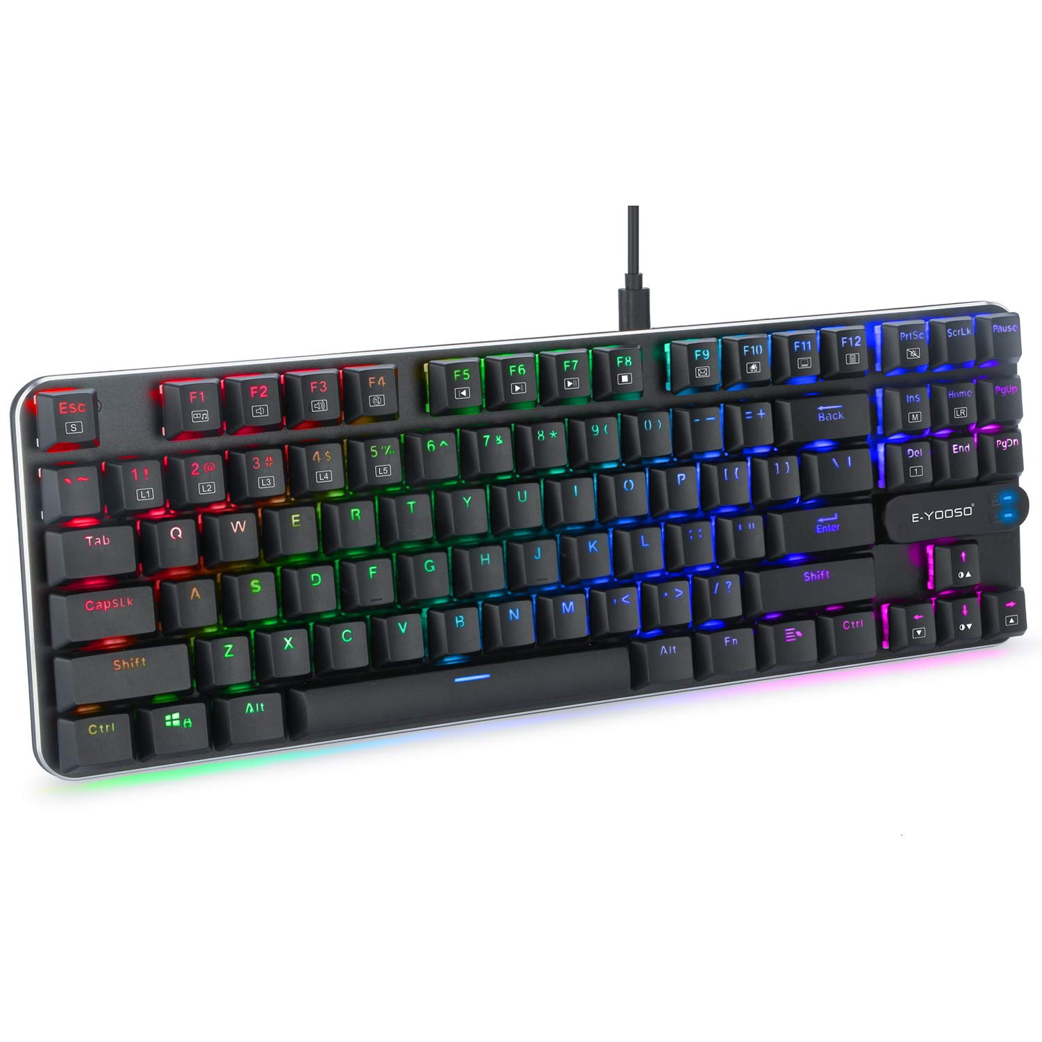 HUO JI Z-66 RGB Mechanical Gaming Keyboard with Metal Panel, Blue Switches, Detachable Cable, Low Profile, USB Wired 87 Keys for Windows PC Gaming, Black