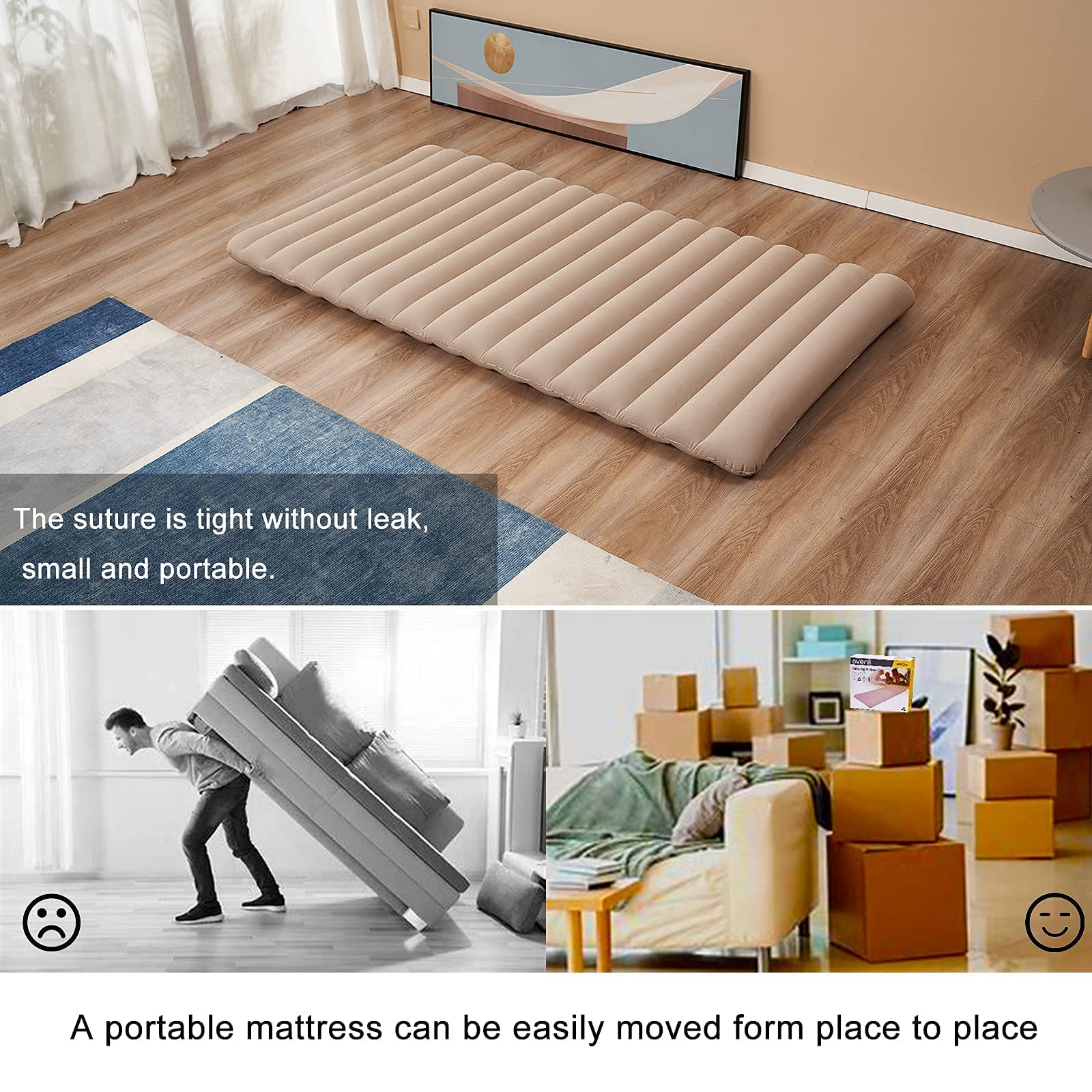 Honeydrill Sleeping Pad Single Size Air Mattress Camping, Inflatable mat, air Bed for Tent, Car Traveling, Beige (72x28x4.7 inch)