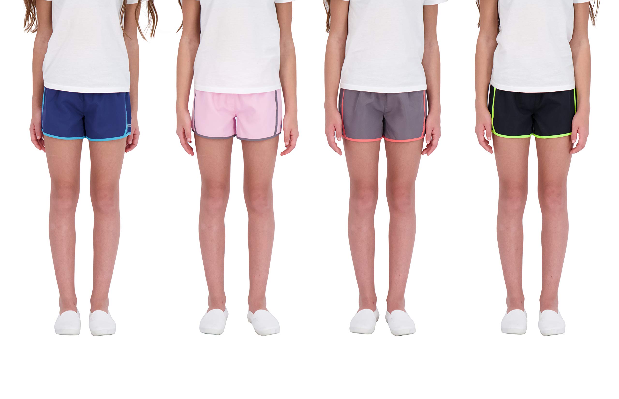 Hind Kids Girls 4-Pack Athletic and Running Activewear Shorts (Black-Blue-Gray-Lilac, 7-8)